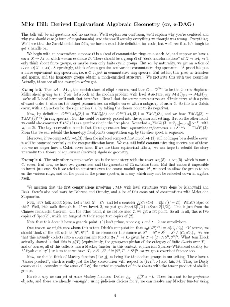 Mike Hill: Derived Equivariant Algebraic Geometry (Or, e-DAG) | PDF ...