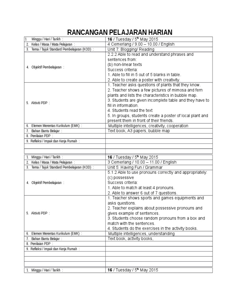 Contoh Lesson Plan Mudah Bahasa Inggeris | PDF | Question | Reading ...