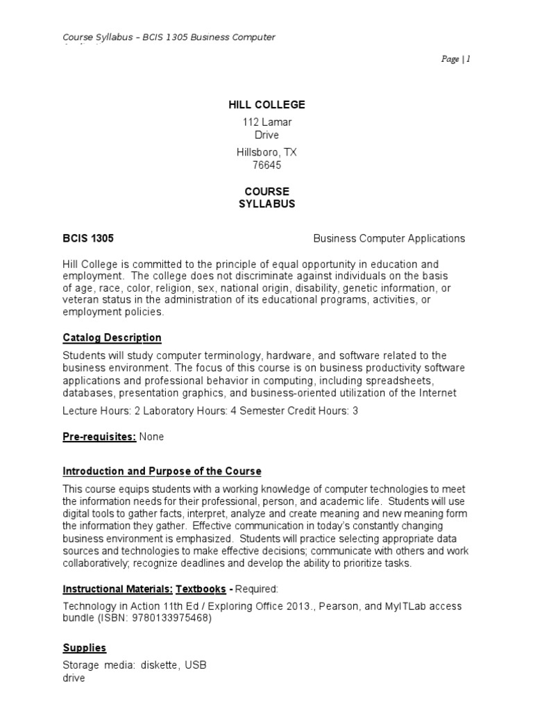 Hill College: Course Syllabus - BCIS 1305 Business Computer ...