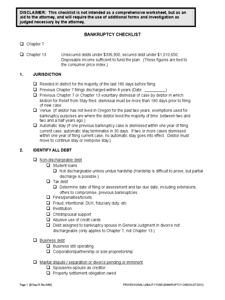 Bankruptcy Checklist | PDF | Chapter 7 | Chapter 13