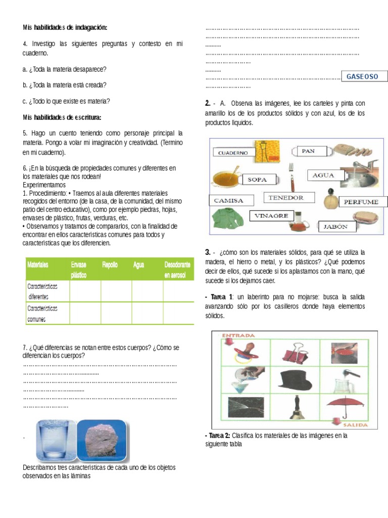Hoja De Trabajo Sobre La Materia Y Sus Propiedades