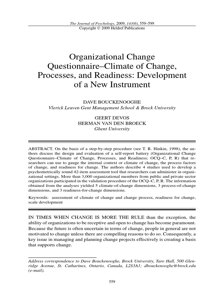 Organizational Change Questionnaire Climate of Change, Processes and ...