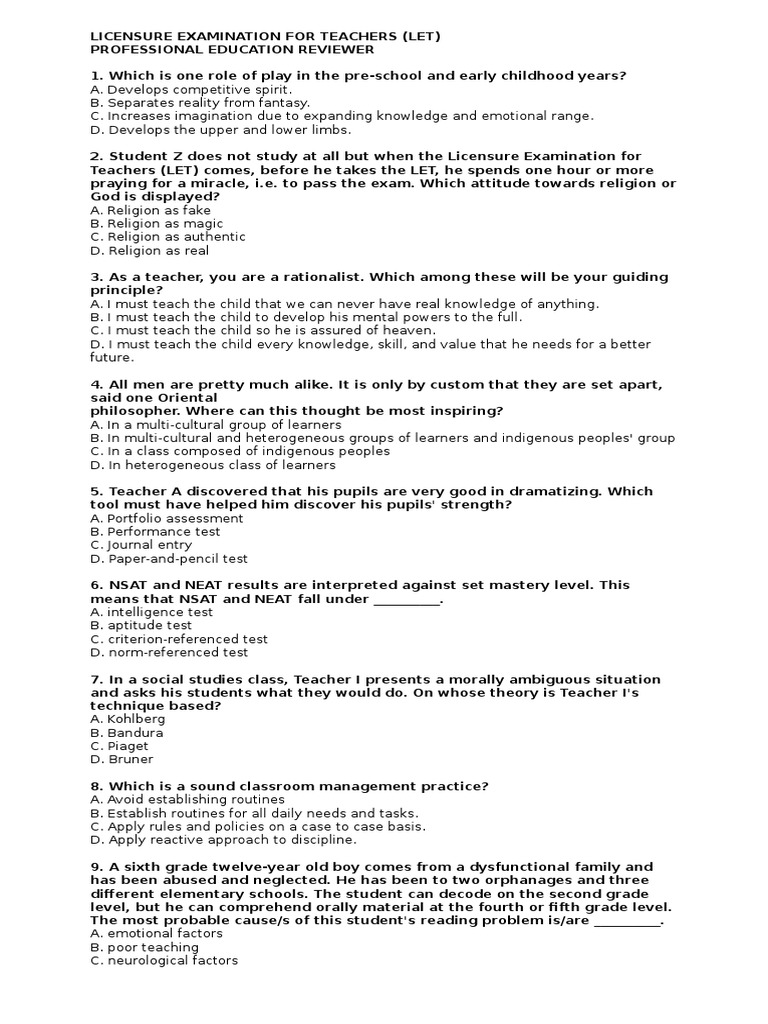 LET Reviewer | PDF | Test (Assessment) | Teachers