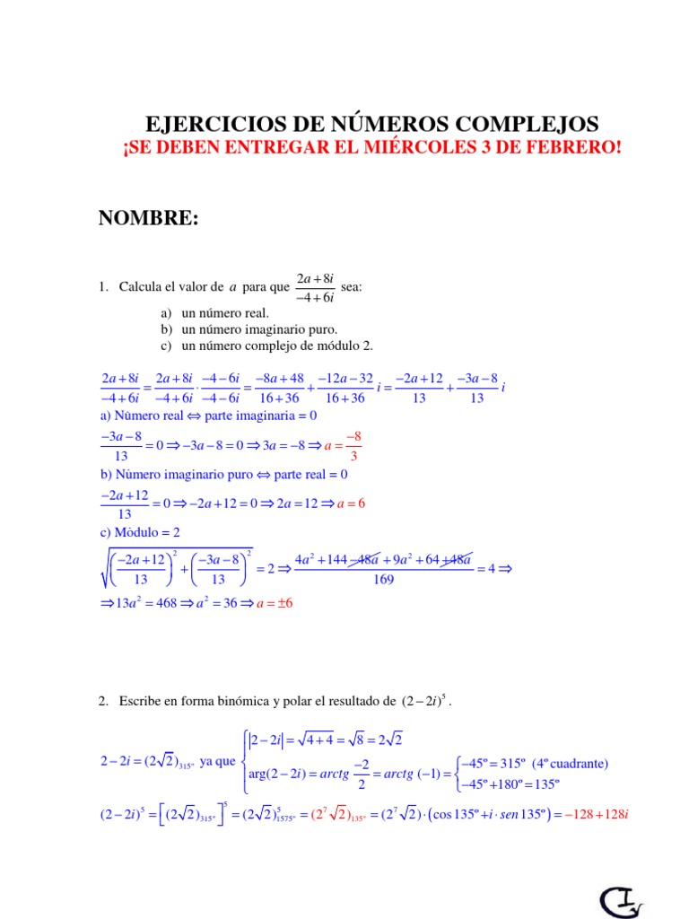 Ejercicios de Números Complejos | PDF | Análisis matemático | Objetos ...