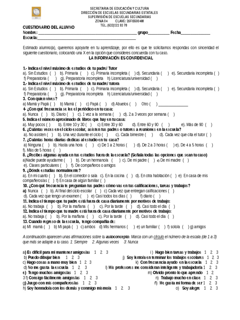 CUESTIONARIO DEL ALUMNO Reprobado | PDF