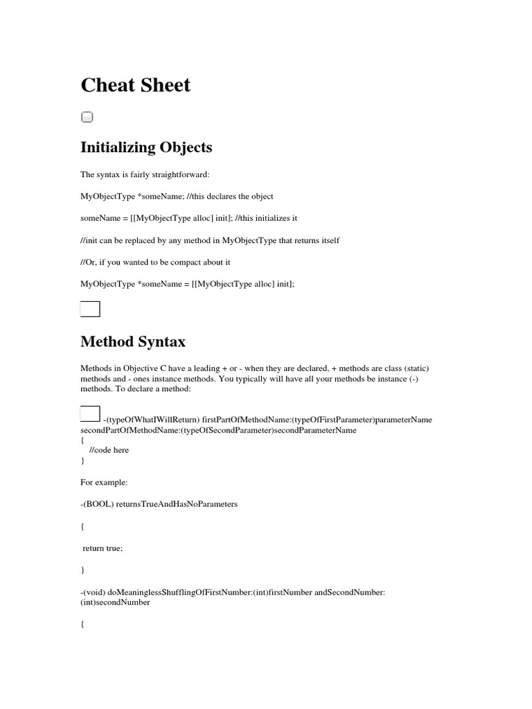 Objective C Cheat Sheet | PDF | Inheritance (Object Oriented Programming) | Method (Computer ...