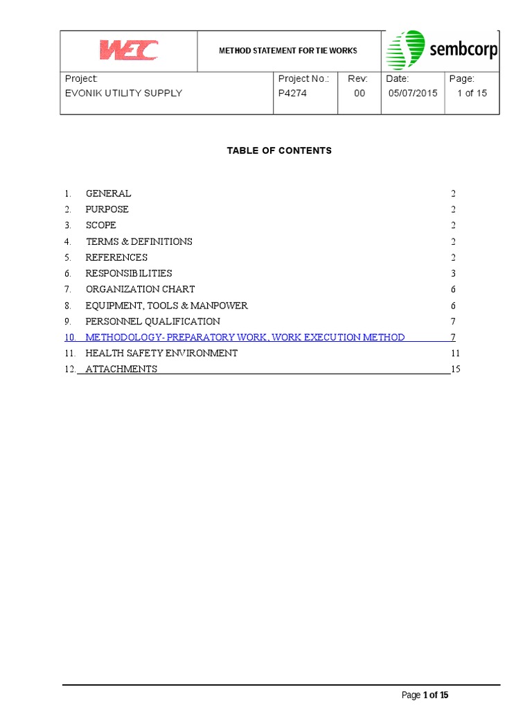 Method Statement For Tie in | PDF | Pipe (Fluid Conveyance ...