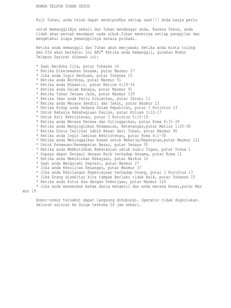 Bacaan (Nomor TLP Tuhan Yesus) | PDF