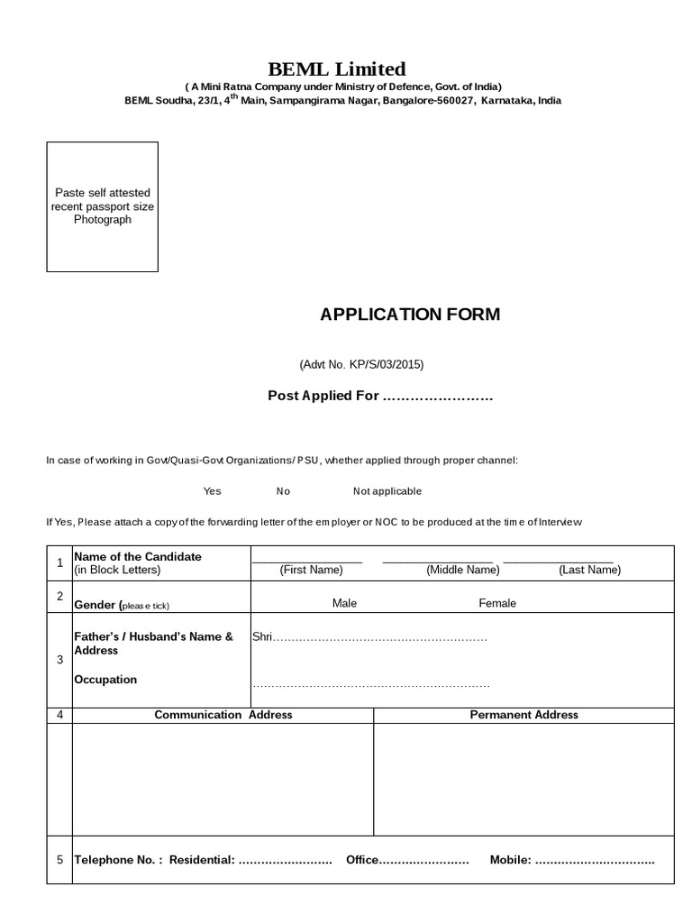 BEML Limited: Application Form | Download Free PDF | Government ...