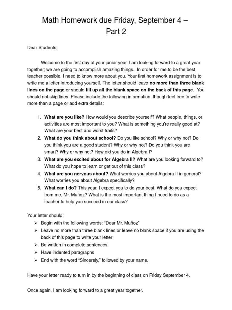 Algebra II HW Letter | PDF | Learning