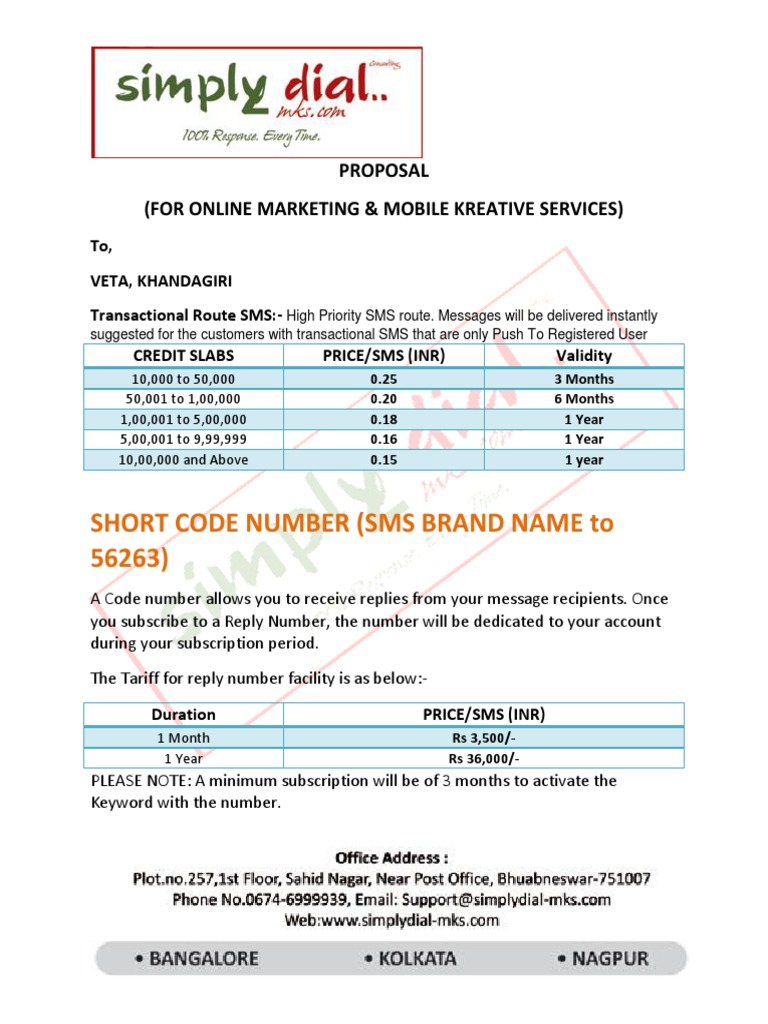 Bulk SMS Pricing Proposal for VETA | PDF