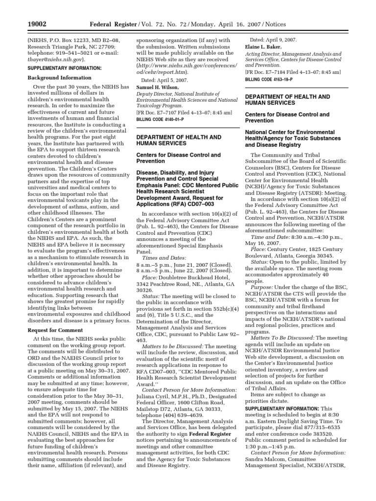 Notice: Meetings: Disease, Disability, and Injury Prevention and ...