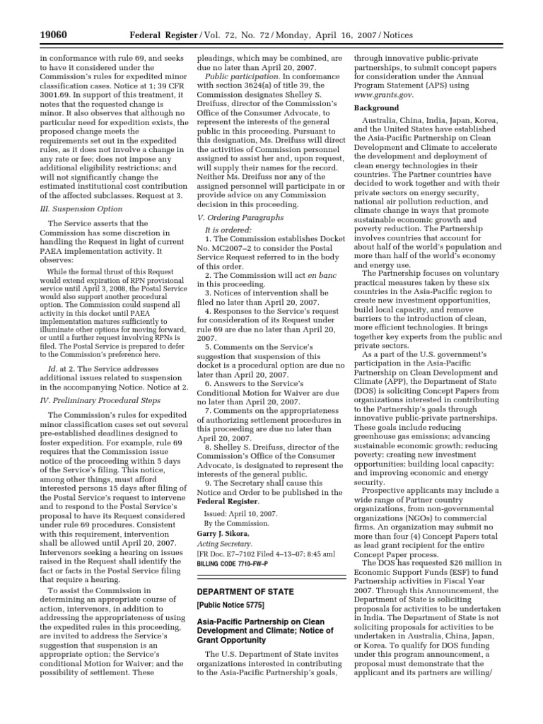 Notice: Grants and Cooperative Agreements Availability, Etc.: Asian-Pacific Partnership On Clean ...