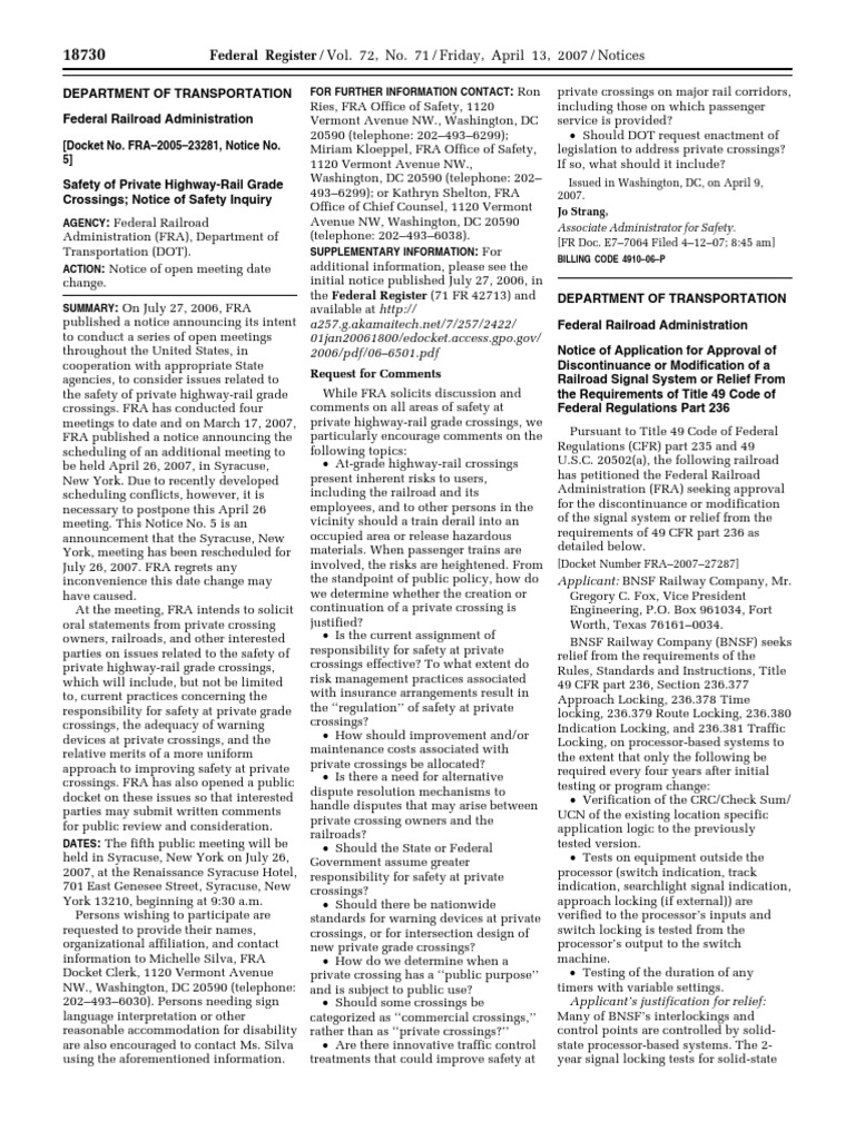 Notice: Exemption Petitions, Etc.: Private Highway-Rail Grade Crossings ...