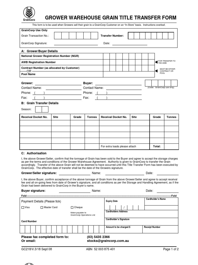 Graincorp Grower Warehouse Grain Title Transfer Form | PDF | Cheque ...