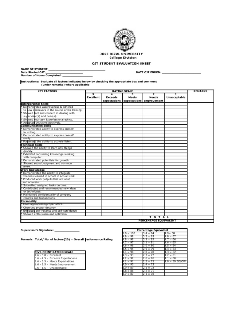 OJT Student Evaluation Sheet (Version 1) | Change | Psychology