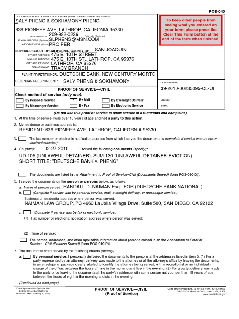 pos040_PROOF OF SERVICE—CIVIL | Mail | United States Postal Service