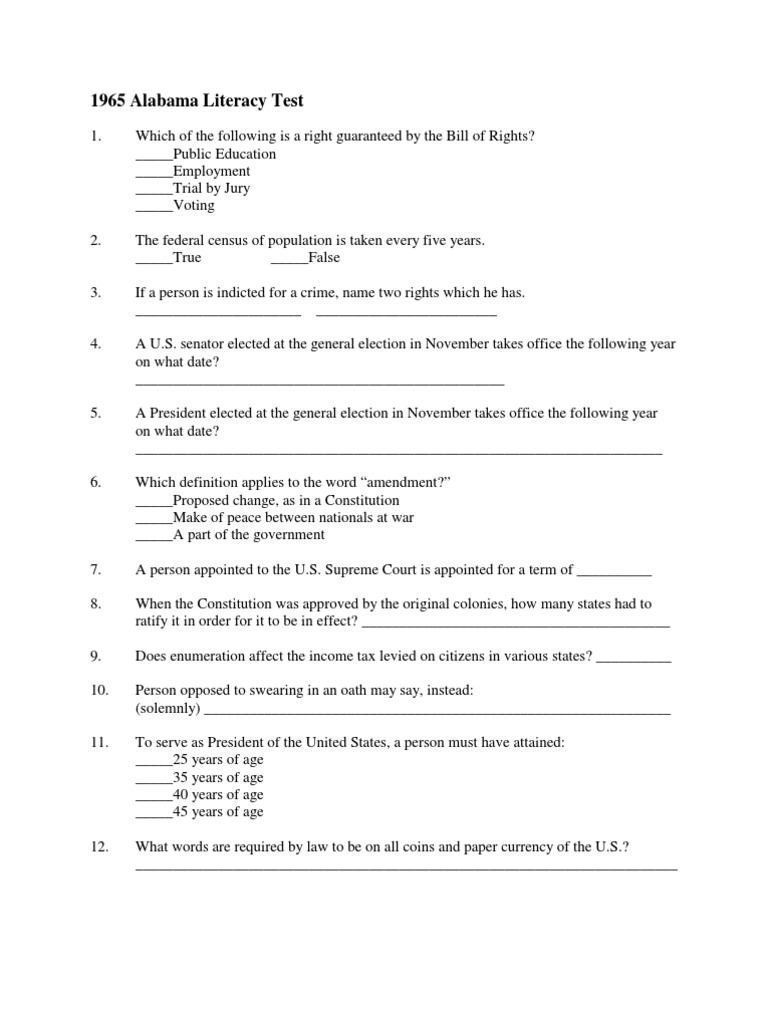 1965 Alabama Literacy Test Overview | PDF | United States Constitution ...