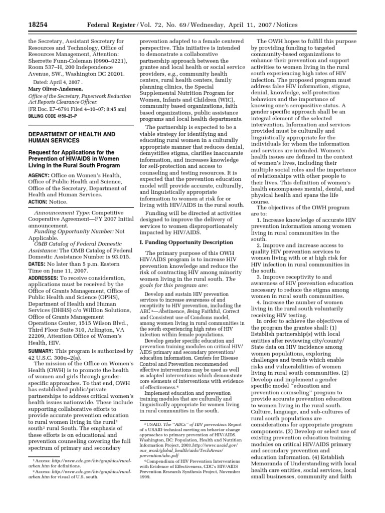 Notice: Grants and Cooperative Agreements Availability, Etc.: Women Living in The Rural South ...