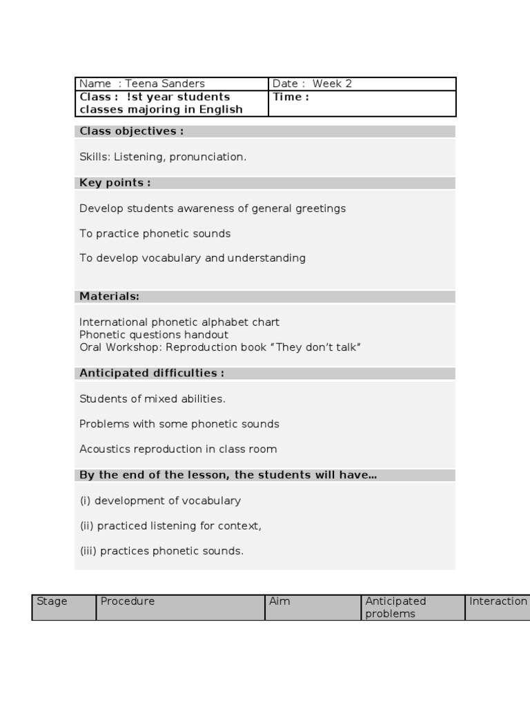 Lesson Plan Week 2 | PDF | English Language | Phonetics