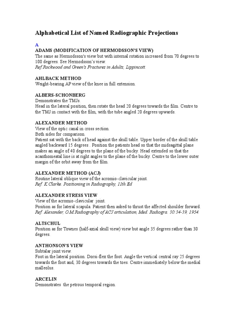 Alphabetical List of Named Radiographic Projections | PDF | Anatomical ...
