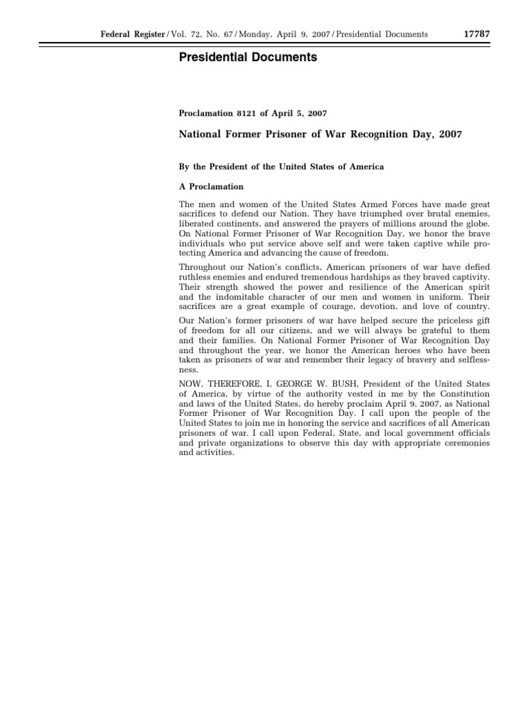 Proclamation: Special Observances: National Former Prisoner of War ...