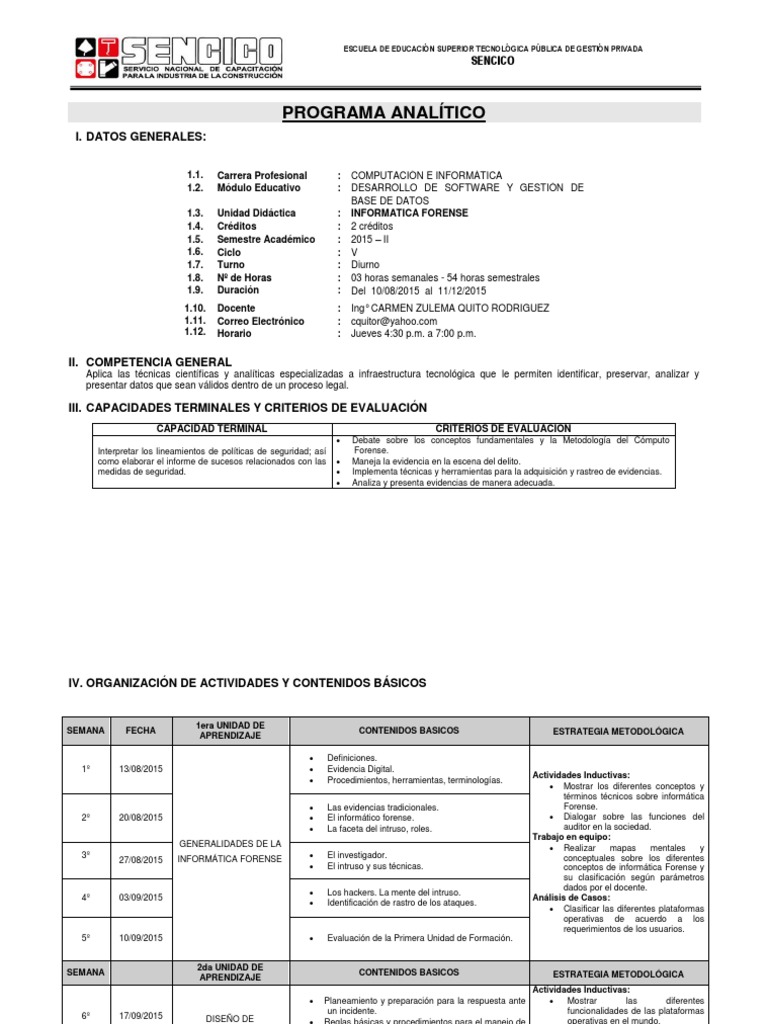 Programa Analitico Informatica Forense | PDF | Informática forense | Maestros