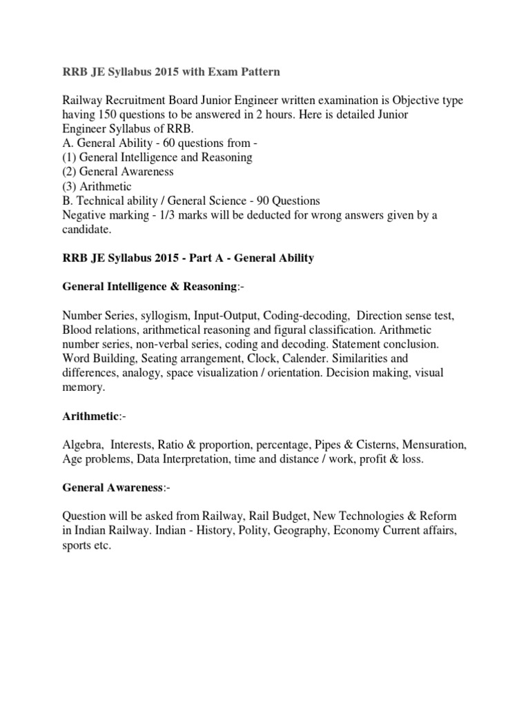 RRB JE Syllabus 2015 With Exam Pattern PDF | PDF | Engineering ...