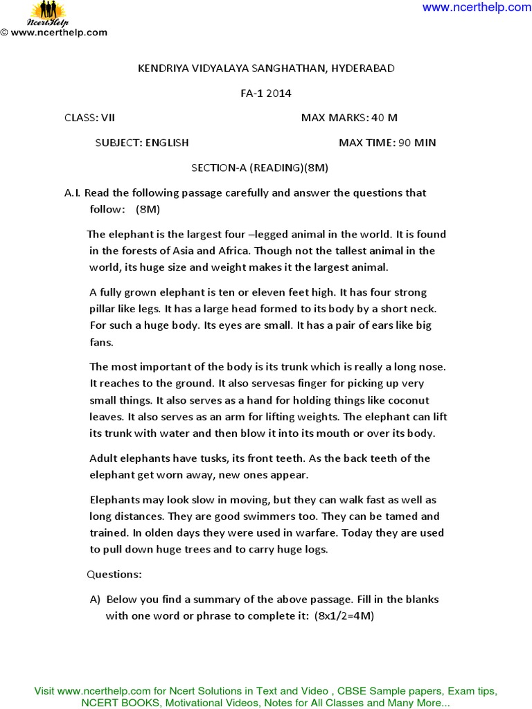 Cbse Sample Paper For Class 7 FA 3 With Solution | PDF | Elephant