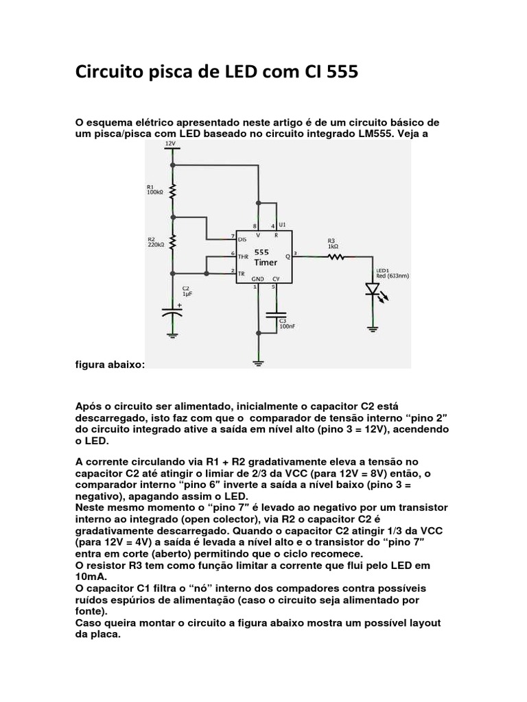 Circuito Pisca-Pisca LED com CI 555 | PDF | Rede elétrica | Capacitor