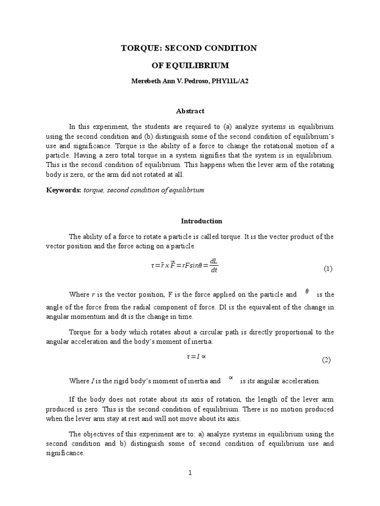 E4. Torque Second Condition of Equilibrium | PDF | Torque | Force