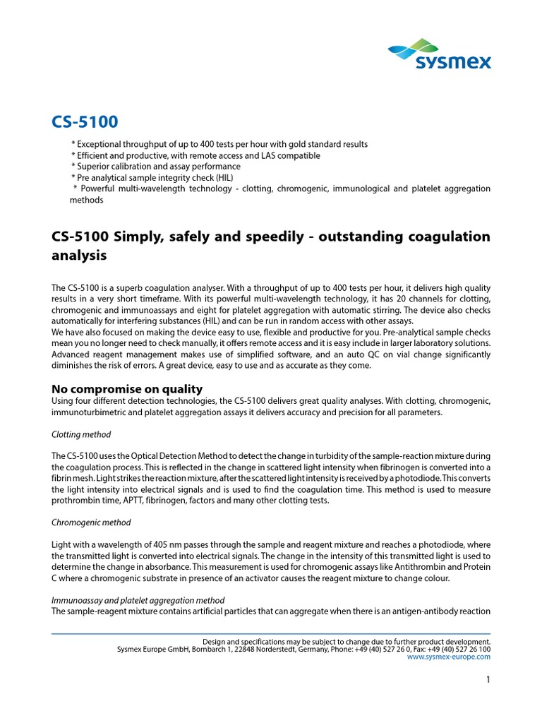 Sysmex CS 5100 | Download Free PDF | Assay | Coagulation