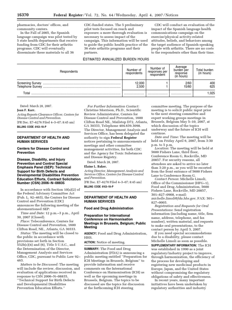 Notice: Meetings: Disease, Disability, and Injury Prevention and ...