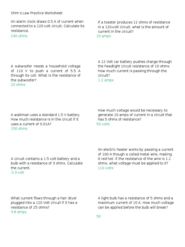 Ohm's Law Calculations Worksheet | PDF