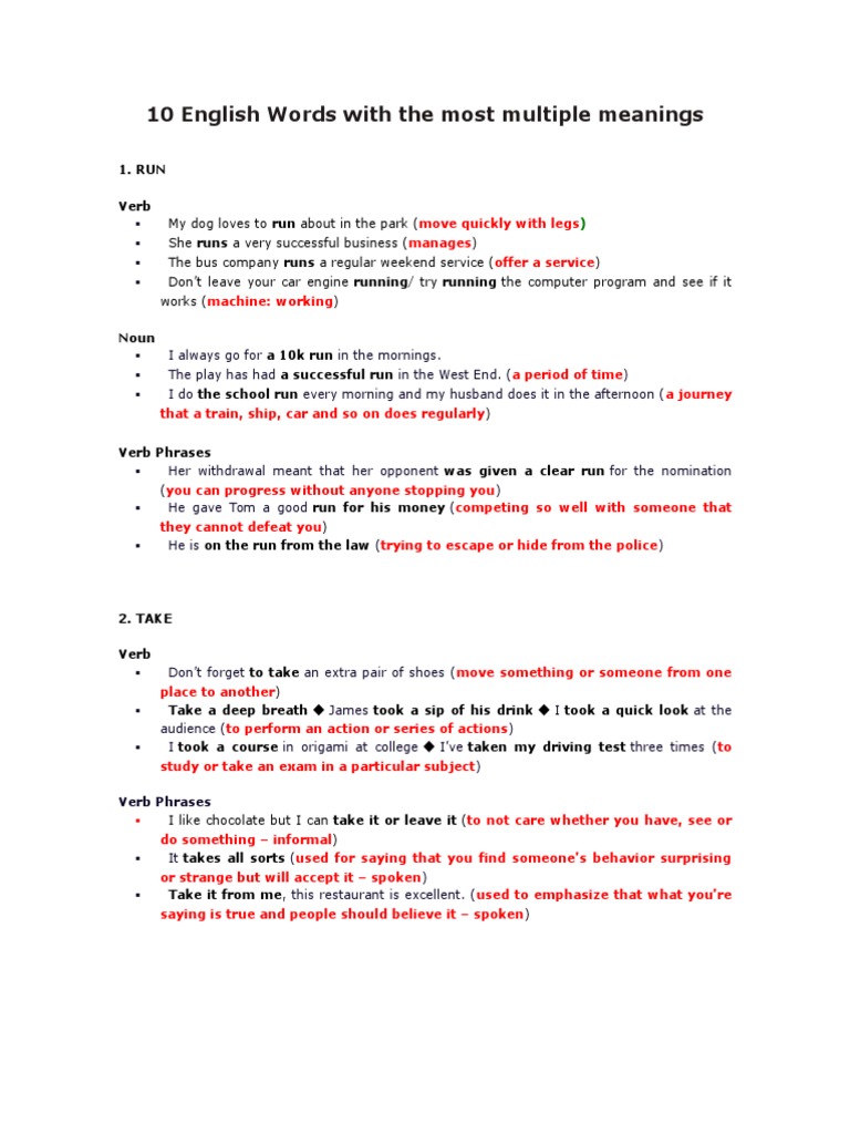 10 English Words With the Most Multiple Meanings | Phrase | Verb | Free ...