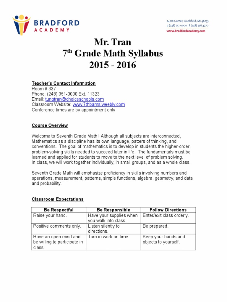 7th Grade Math Syllabus 2015-2016 | PDF | Wellness