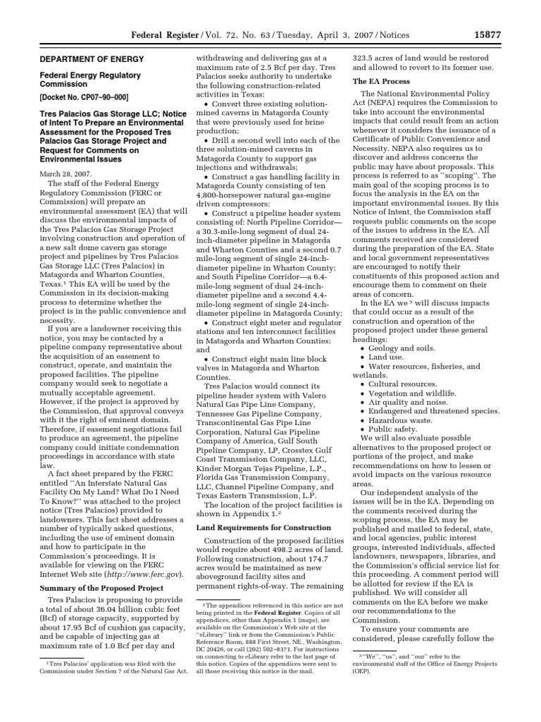 Notice: Environmental Statements Availability, Etc.: Tres Palacios Gas ...
