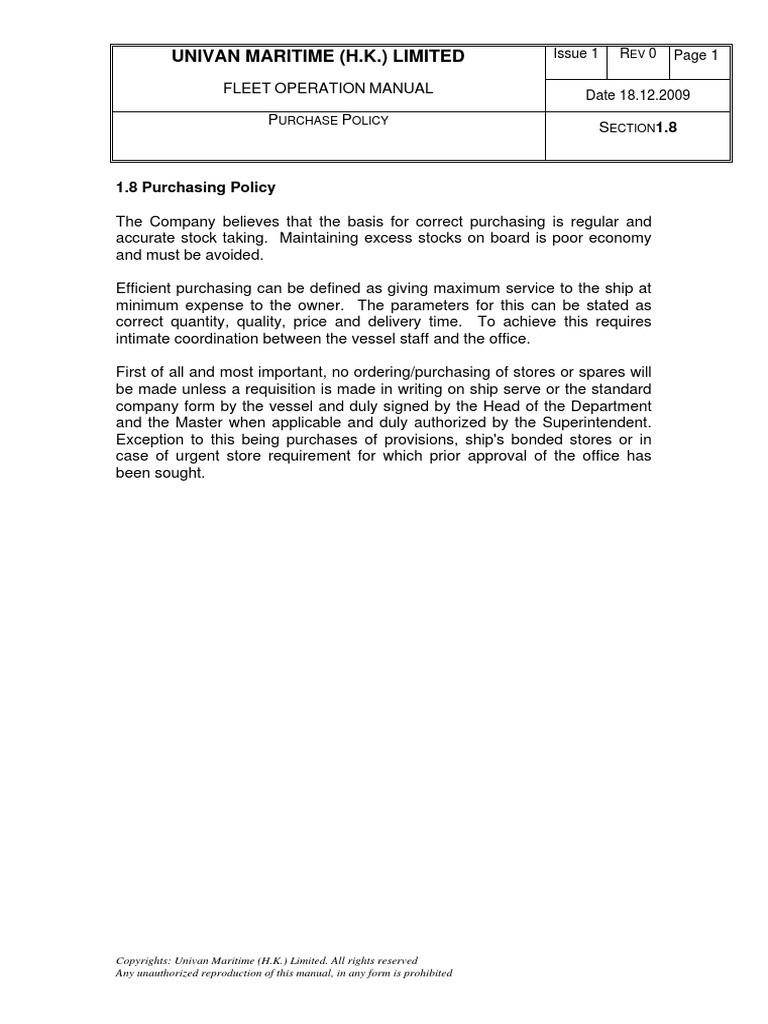 Univan Maritime (H.K.) Limited: Urchase Olicy Ection | PDF