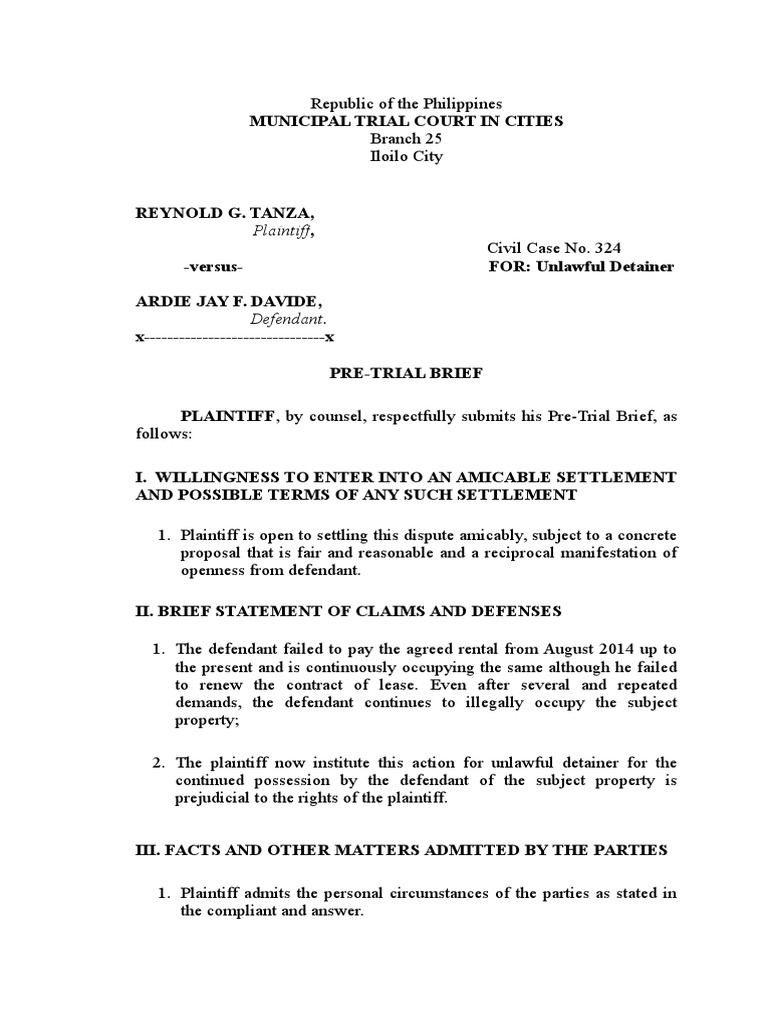 Sample Pre-Trial Brief | PDF | Brief (Law) | Lawsuit