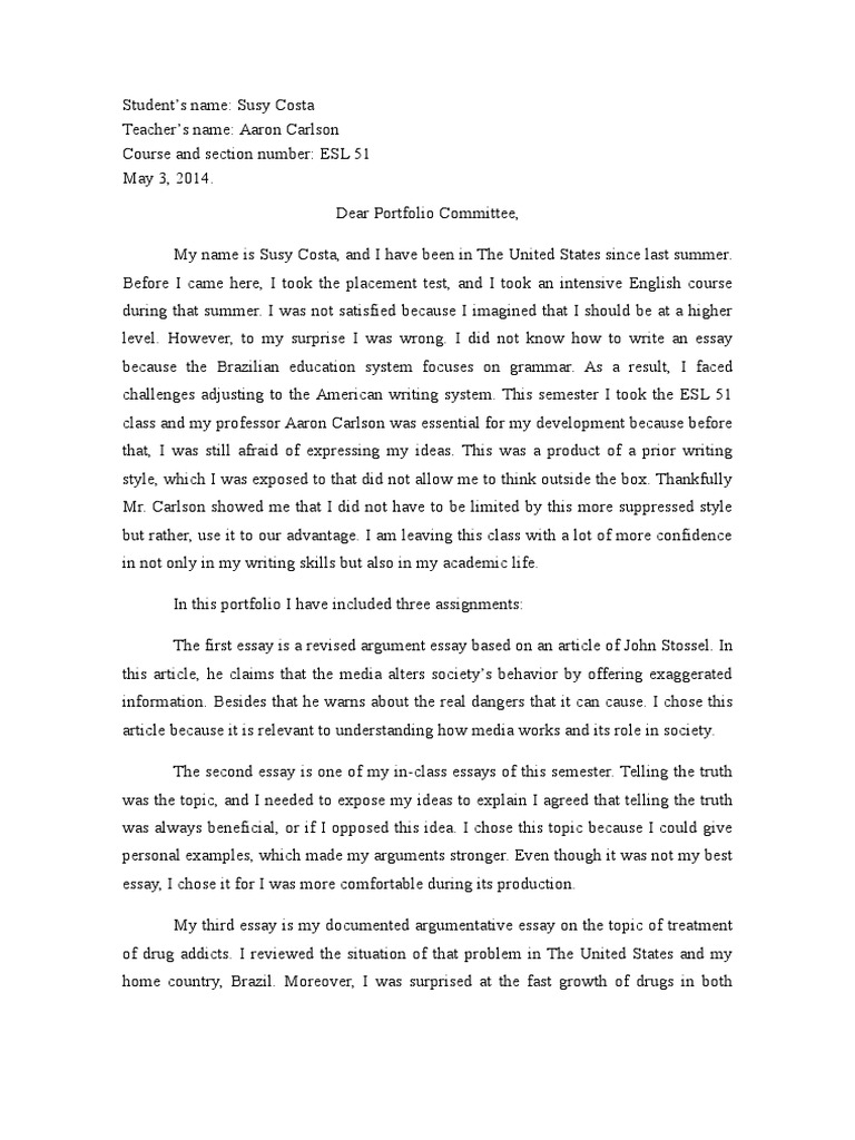 Example of Cover Letter (English Class Portfolio) | PDF | Essays ...