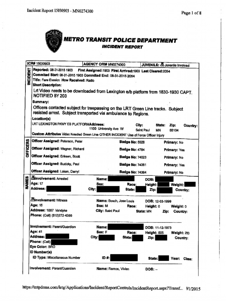 Redacted Metro Transit Police Report From St. Paul Arrest | PDF