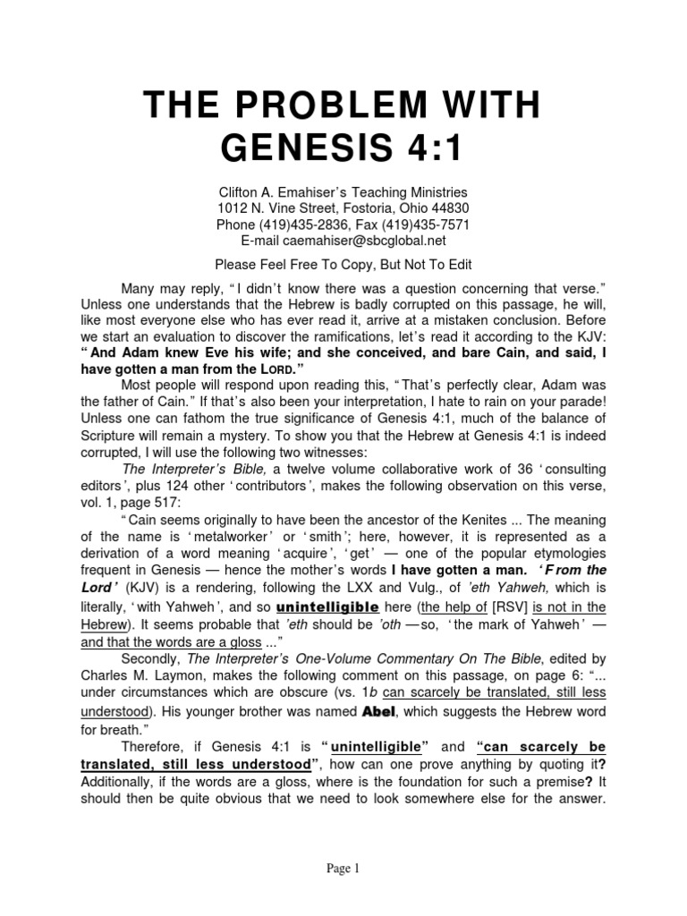 The Problem With Genesis 4-1 | PDF | Serpents In The Bible | Cain And Abel