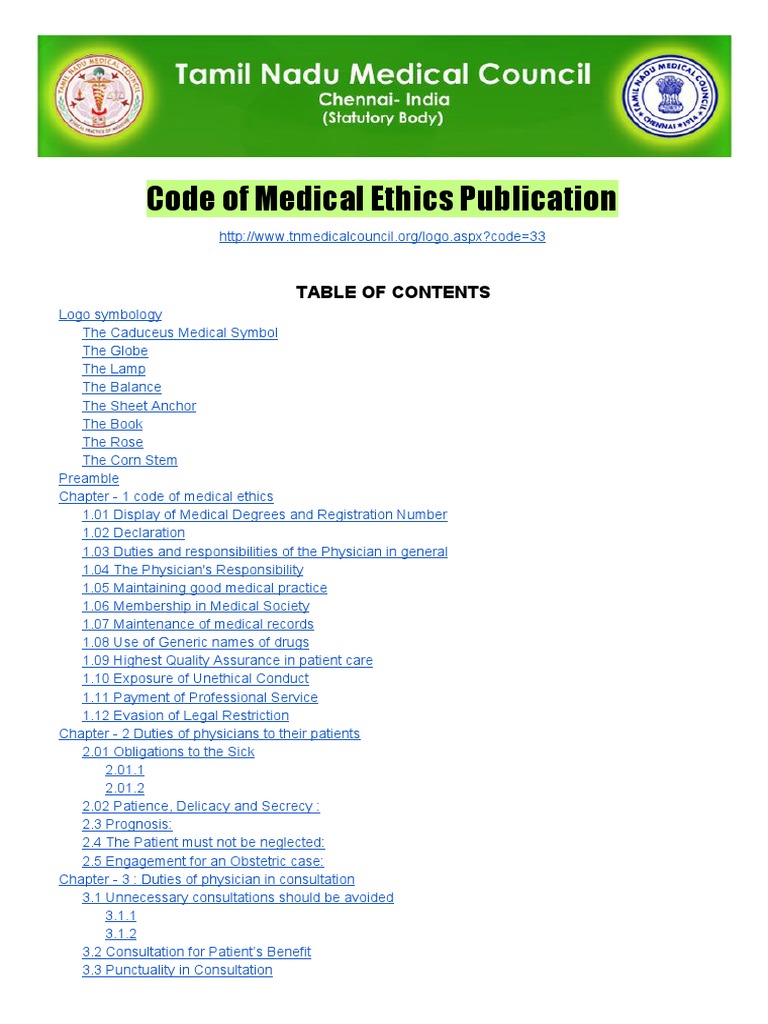 Code of Medical Ethics - Tamil Nadu Medical Council | PDF | Physician ...