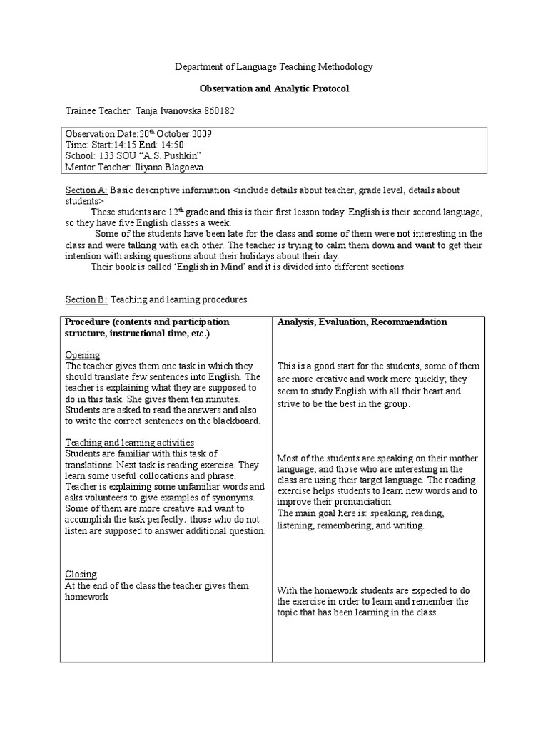 Observation Protocol 1 | PDF | English Language | Question