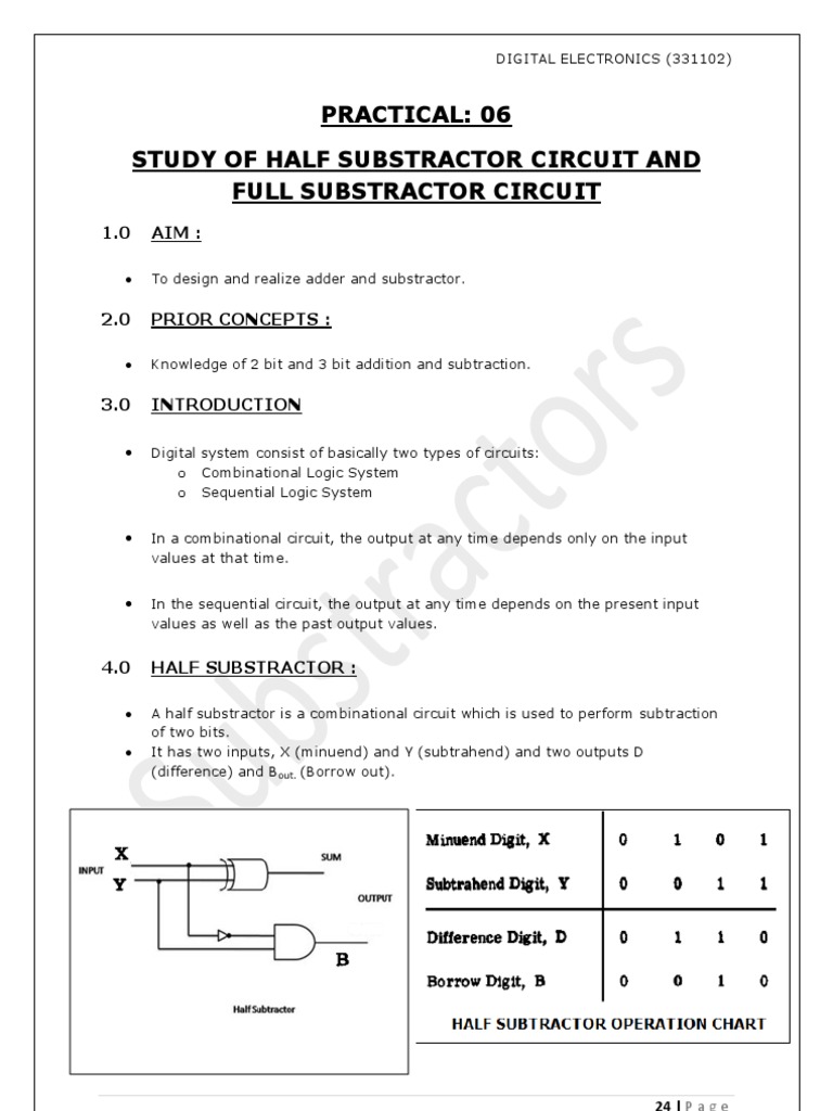 Half and Full Subtractor Circuits Study | PDF | Subtraction ...