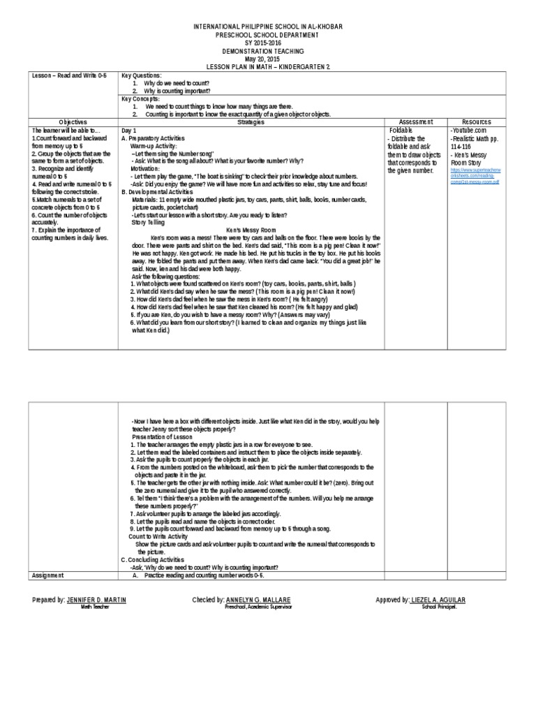 Kindergarten Math Lesson Plan: Counting 0-5 | PDF | Lesson Plan ...