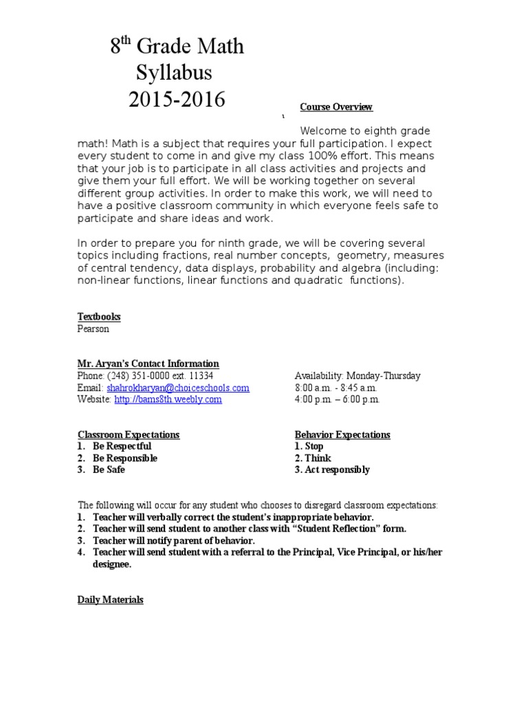 8th Grade Math Syllabus Overview | PDF