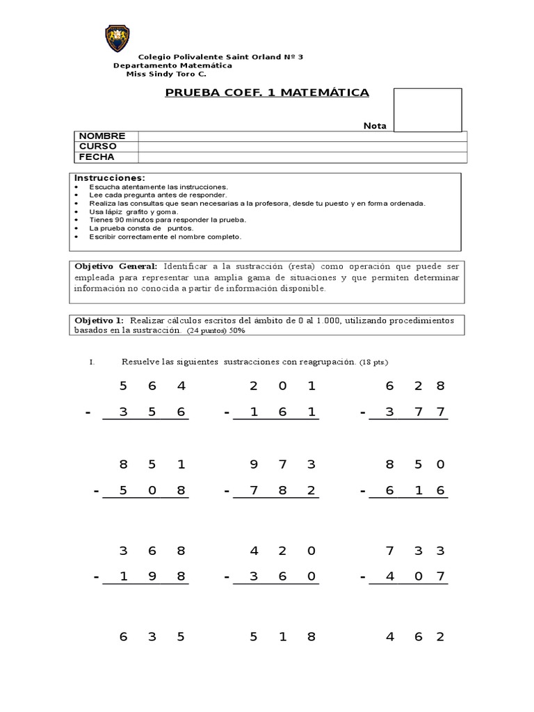 Prueba de Restas con Reagrupación | PDF | Crecimiento personal y ...
