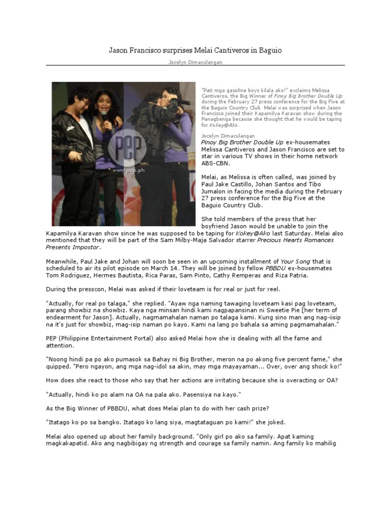 Jason Francisco Surprises Melai Cantiveros in Baguio | PDF | Business