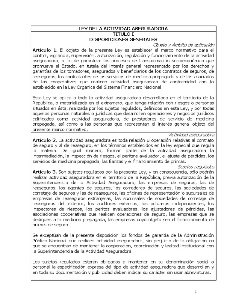 Ley de La Actividad Aseguradora | PDF | Póliza de seguros | Reaseguro